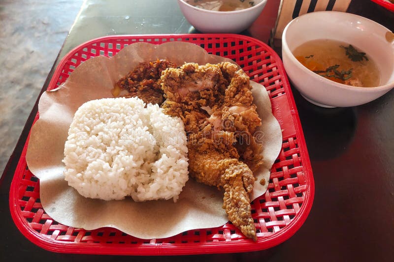 Crispy Chicken, Rice and Soup on the Dining Table Stock Photo - Image ...