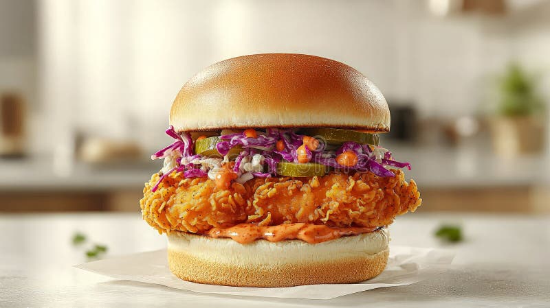 Crispy Chicken Sandwich Kitchen Scene Stock Image - Image of fried ...