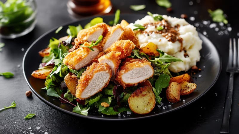 Crispy Chicken Slices with Mashed Potatoes and Roasted Vegetables on ...