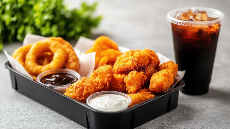 Crispy Chicken Tenders with Onion Rings and Soda Stock Photo - Image of ...
