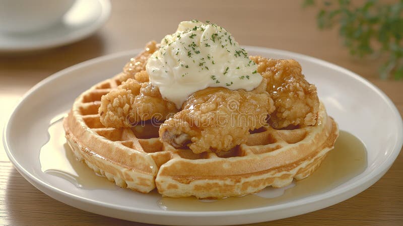 Restaurant Plate Waffle Fried Chicken Syrup Sweet Savory Brunch Meal ...