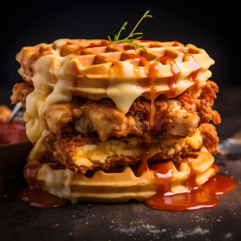 Crispy Chicken Waffle Stack with Drizzled Sauce Stock Illustration ...