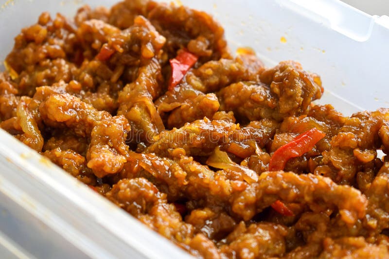 Crispy Chilli Beef with Sweet Chilli Sauce in a Plastic Box. Stock ...