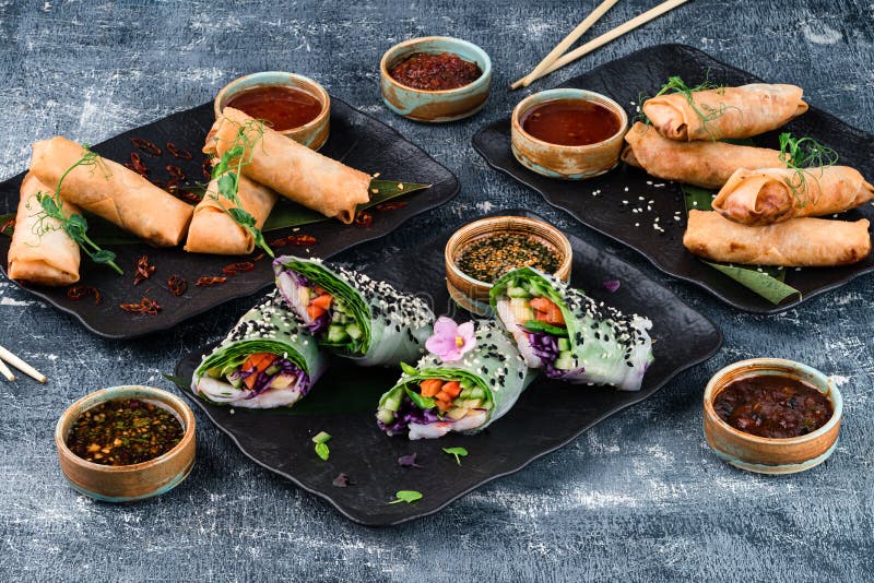Crispy Chinese Traditional Spring Rolls Food on Set Stock Image - Image ...