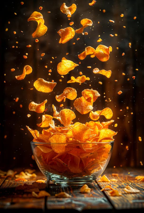 Crispy Chips Float in Mid-air Above Bowl Stock Photo - Image of ...