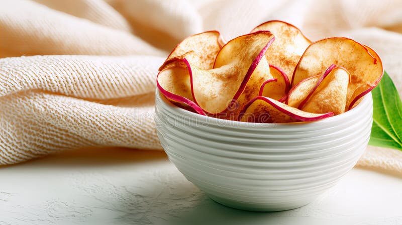 Crispy Cinnamon Apple Chips in White Bowl Stock Illustration ...