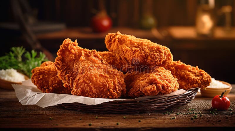Crispy Coated Batter Southern Style Fried Chicken in a Wooden Table ...