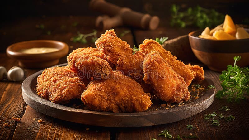 Crispy Coated Batter Southern Style Fried Chicken in a Wooden Table ...
