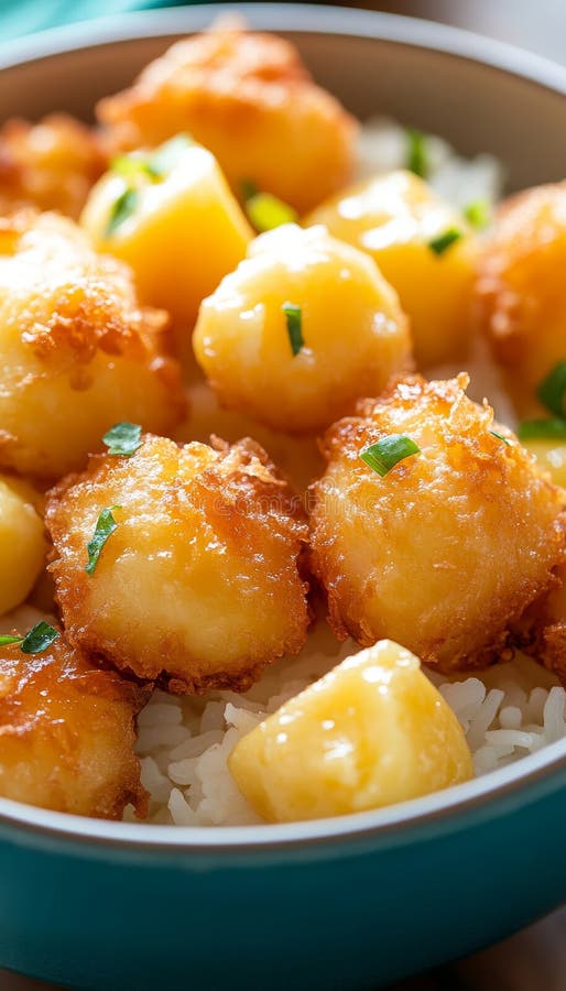 Crispy Coconut Crusted Fish Bites with Mango Chunks and Jasmine Rice a ...