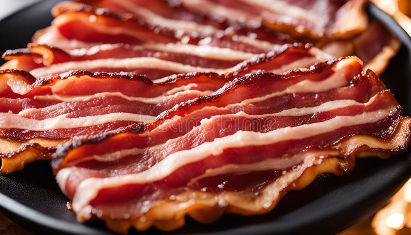 Crispy Cooked Bacon Strips on a Black Plate Stock Photo - Image of pork ...