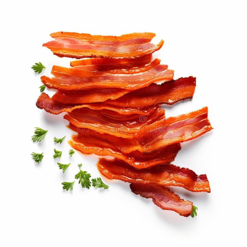 Crispy Cooked Bacon Strips Garnished with Fresh Carrot Slices on White ...