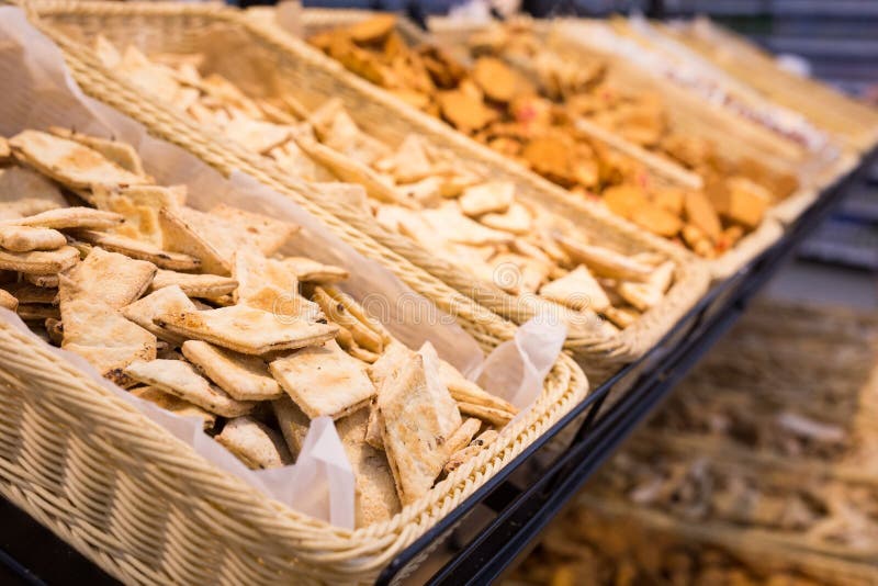 Crispy Cookies in Wicker Baskets on the Counter Stock Photo - Image of ...