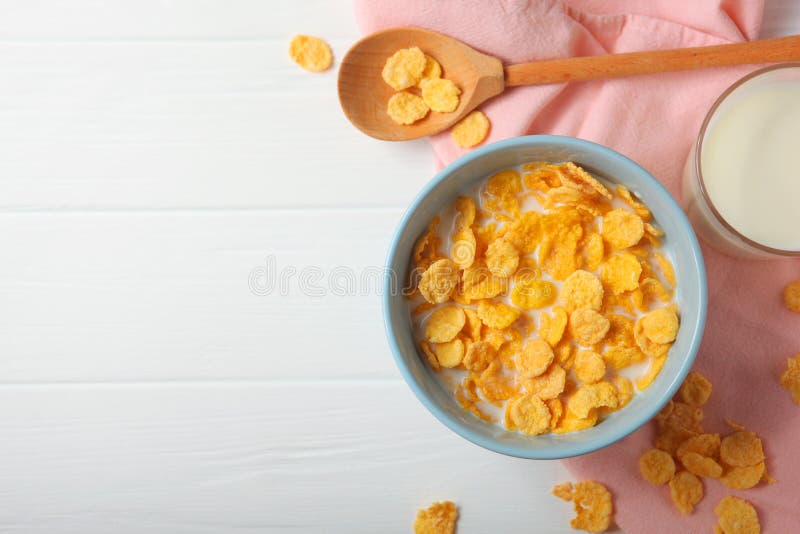 Crispy Cornflakes with Milk for Breakfast on the Table Close-up. Stock ...