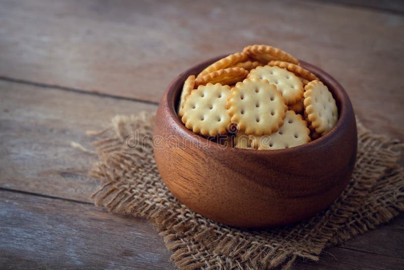 Crispy Cracker Biscuits in Wooden Bowl Stock Image - Image of meal ...