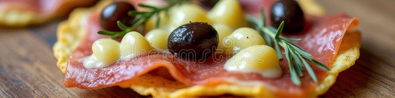Crispy Cracker Topped with Salami, Cheese, Black Olives, and Rosemary ...