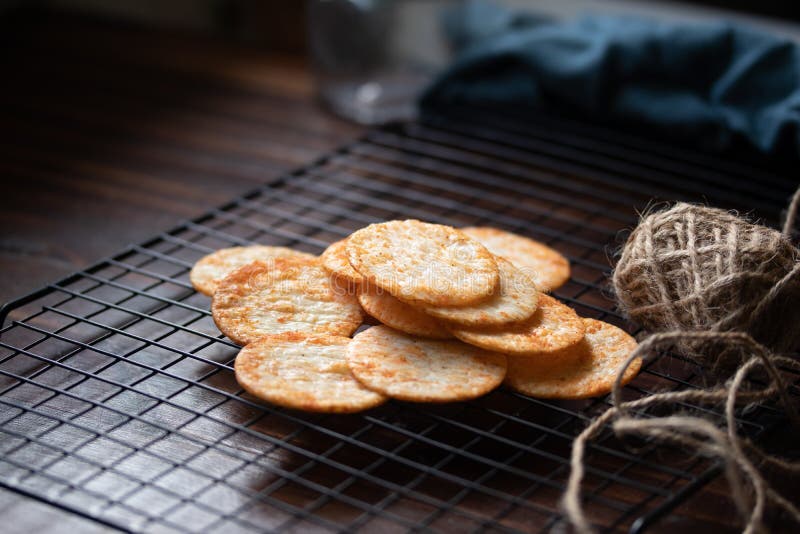 Crispy Crackers on a Black Circle, Black Top View Stock Image - Image ...