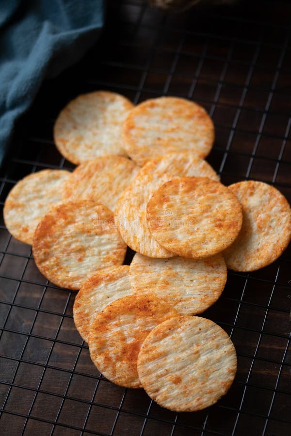 Crispy Crackers on a Black Circle, Black Top View Stock Image - Image ...