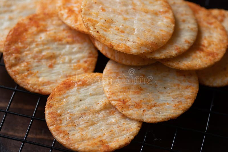 Crispy Crackers on a Black Circle, Black Top View Stock Image - Image ...