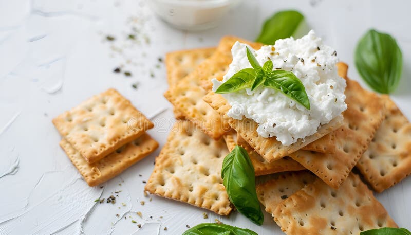 Crispy Crackers with Cottage Cheese and Basil on White Background Stock ...
