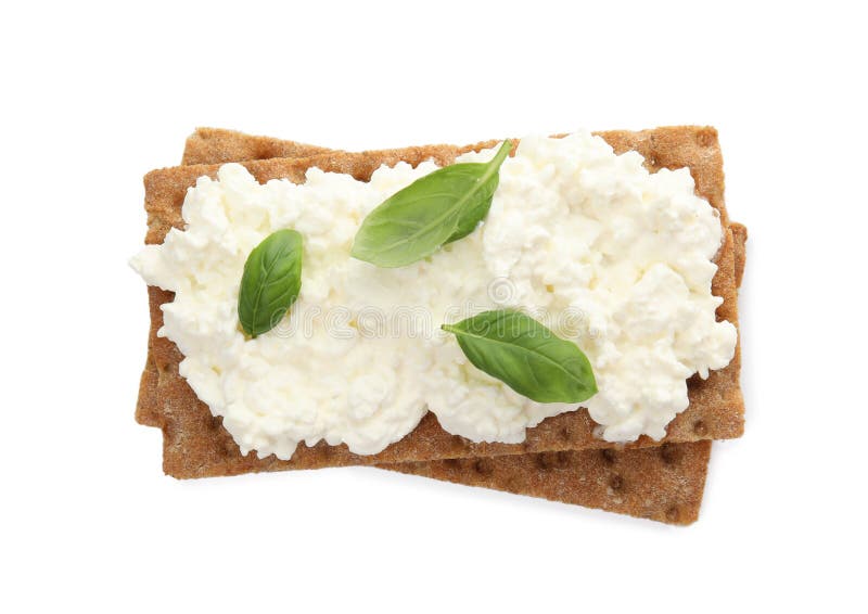 Crispy Crackers with Cottage Cheese and Basil on White Background, Top ...