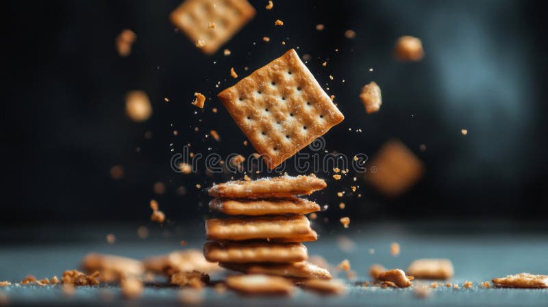 Crispy Crackers Falling and Stacked on Dark Background Stock ...