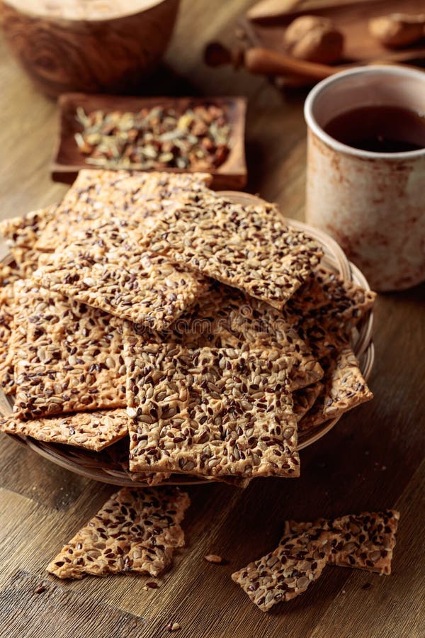 Crispy Crackers with Sunflower Seeds and Flax Seeds Stock Photo - Image ...
