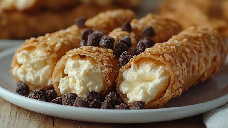 Crispy Cream-filled Pastries with Chocolate Chips on a Plate Stock ...
