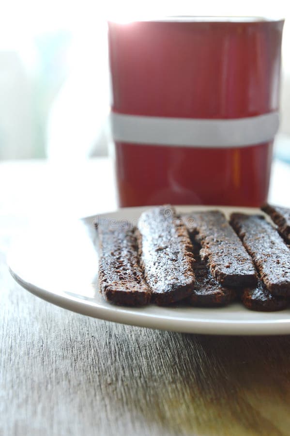 Crispy Dark Chocolate Stick Bread Eat Couple with Coffee in Red Cup ...