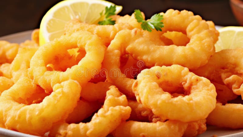 Crispy Deep-fried Calamari and Fresh Lemon Banner with Blurred ...