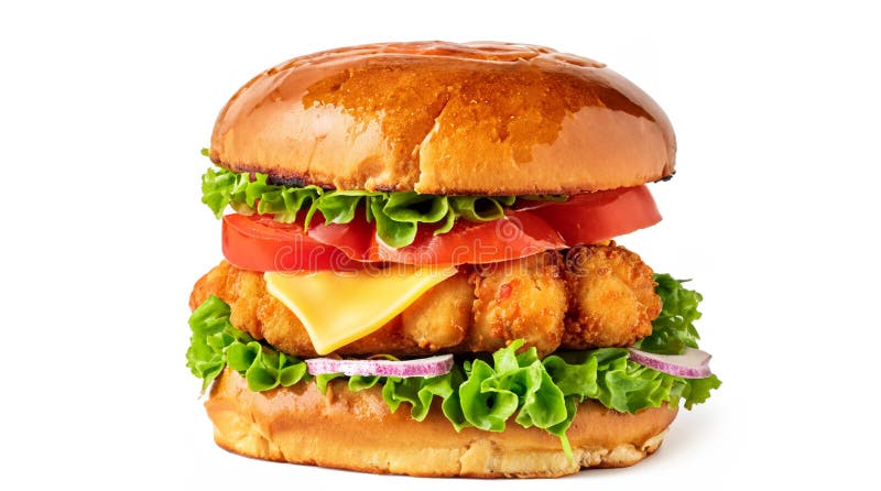Crispy Deep Fried Chicken Burger With Cheese Tomato Lettuce Pickles And Mayonnaise Isolated
