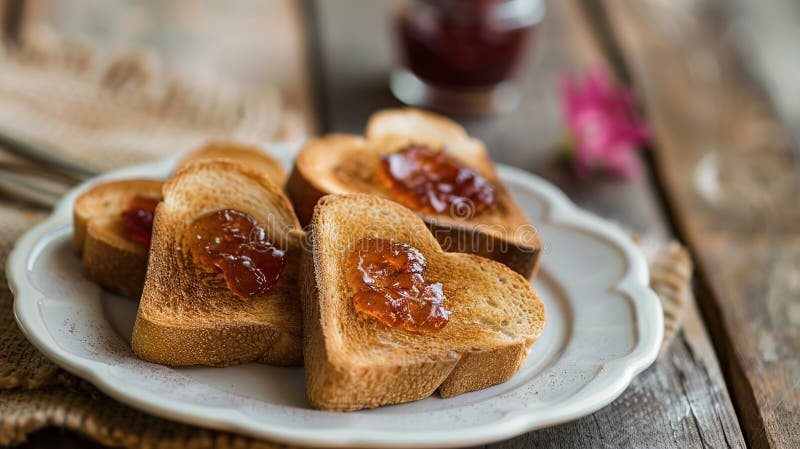 Crispy Delicious Toast in Shape of Hearts with Jam on White Plate ...