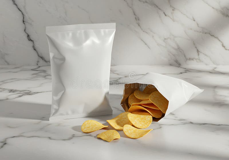 Crispy Delight: Potato Chips in Blank Packaging on a Marble Surface ...