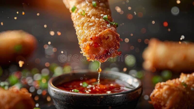 Crispy Egg Roll Being Dipped into a Flavorful Sauce. Stock Photo ...