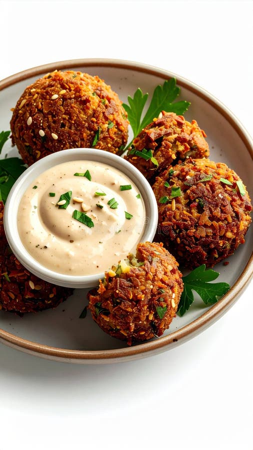 Crispy Falafel with Creamy Dip on a Plate Stock Illustration ...