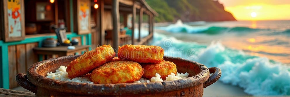 Crispy Fish Cakes on Rice by Oceanfront Hut at Sunset Stock Image ...