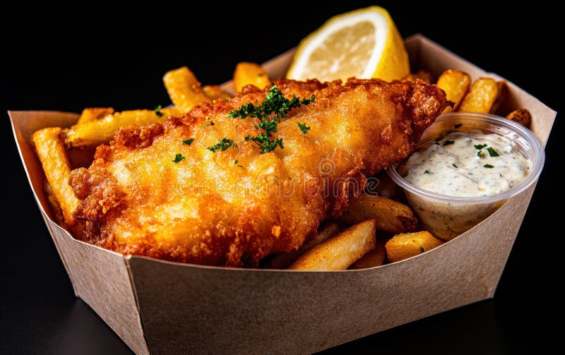 Crispy Fish and Chips in a Cardboard Takeout Container with Tartar ...