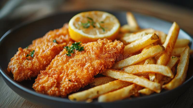Crispy Fish and Chips, Lemon, Wooden Table, Close-up, Restaurant Menu ...
