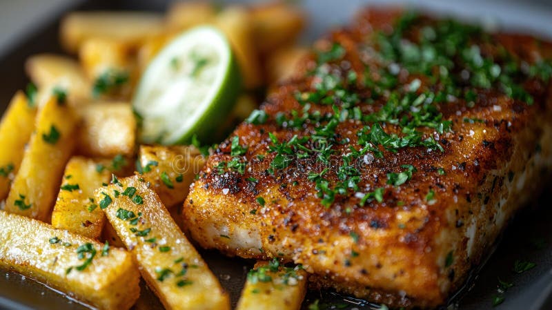Crispy Fish, Chips, Lime, Parsley, Close-up, Restaurant Menu Stock ...
