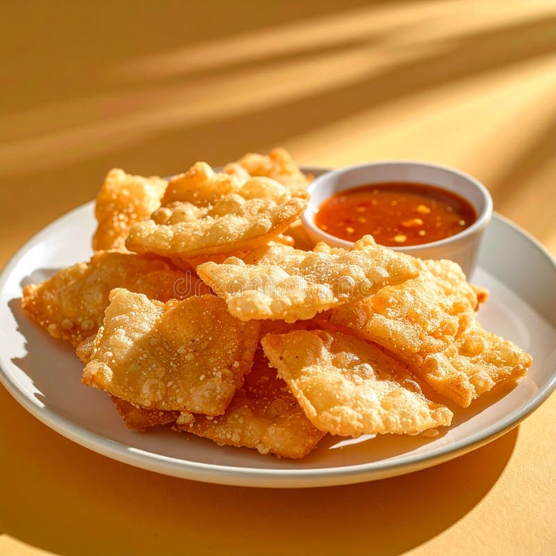 Crispy Fish Crackers with Dipping Sauce in Full Plate View Stock ...