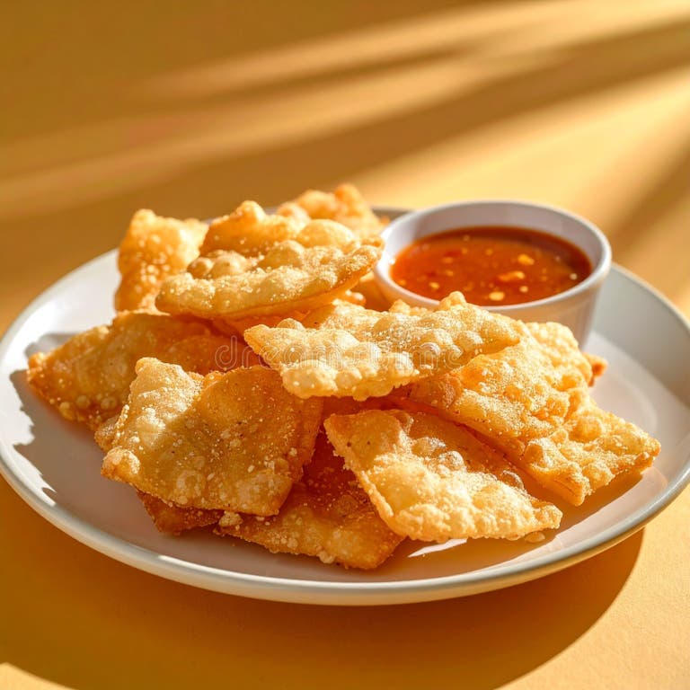 Crispy Fish Crackers with Dipping Sauce in Full Plate View Stock ...