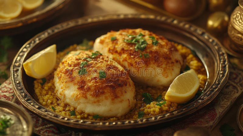 Crispy Fish with Lemon and Herbs on Golden Plate Stock Illustration ...