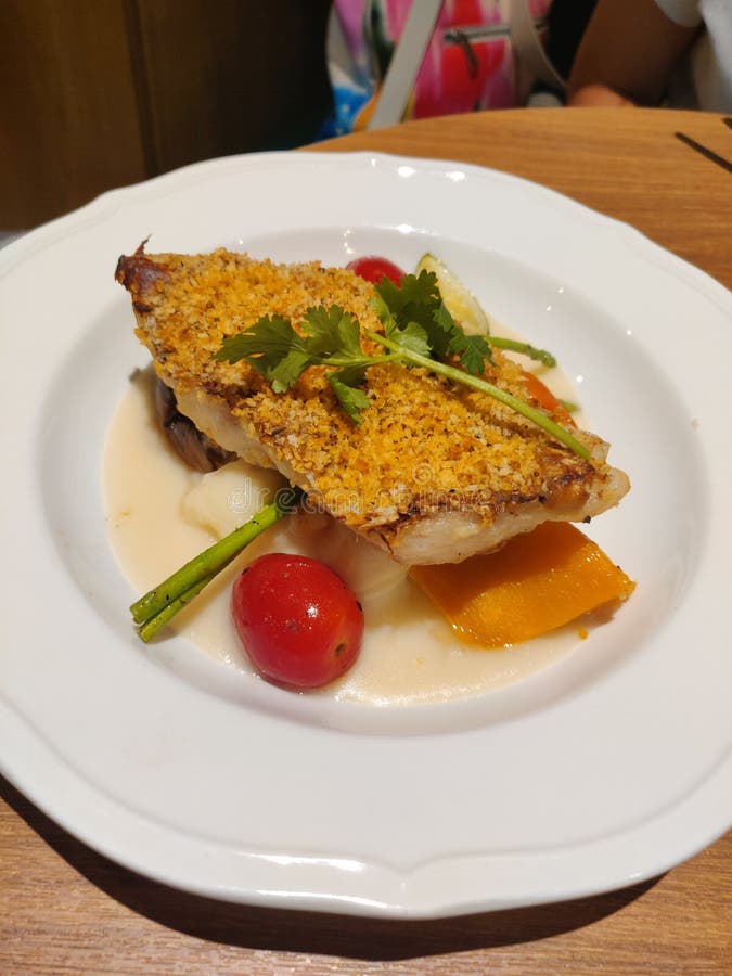 Crispy Fish with Potato Mashed Tomato Fine Dinner Western Food Stock ...
