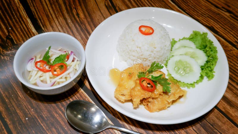 Crispy Fish Rice with Sweet and Sour Sauce Stock Image - Image of ...