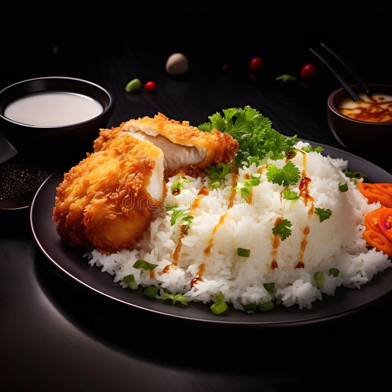 Crispy Fish with Steamed Rice Stock Illustration - Illustration of fish ...