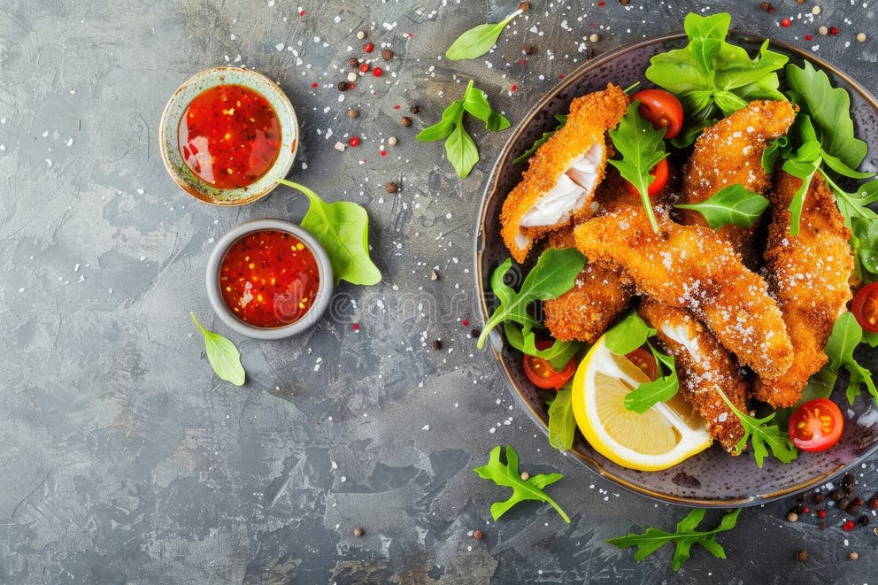 Crispy Fish Strips with Ketchup Stock Illustration - Illustration of ...