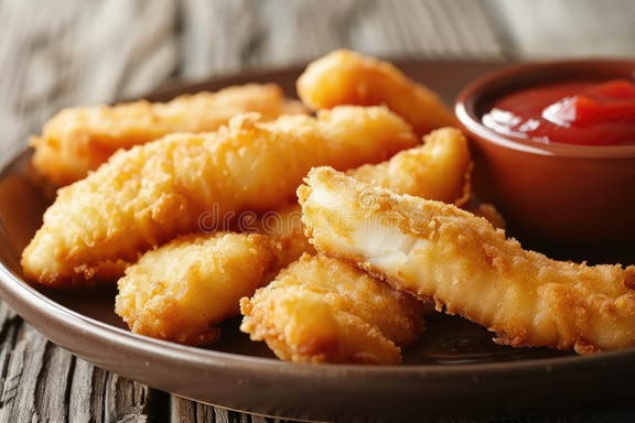 Crispy Fish Strips with Ketchup Stock Illustration - Illustration of ...