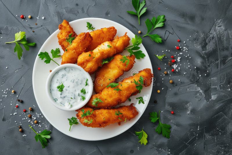 Crispy Fish Strips with Tartar Sauce Stock Illustration - Illustration ...