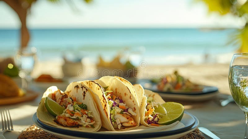 Crispy Fish Tacos with Slaw and Lime Wedges, Beach Table Setting. Stock ...