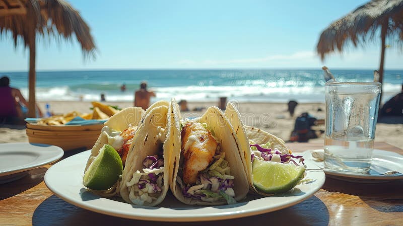 Crispy Fish Tacos with Slaw and Lime Wedges, Beach Table Setting. Stock ...