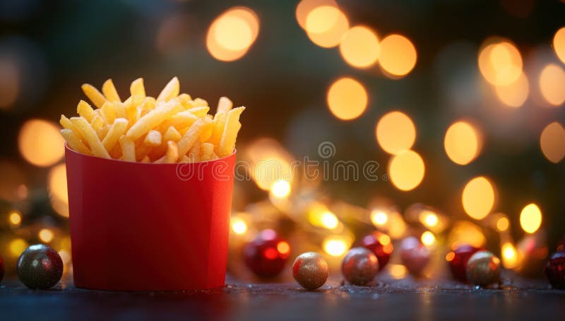 Crispy French Fries in a Red Box, Festive Background Stock Illustration ...